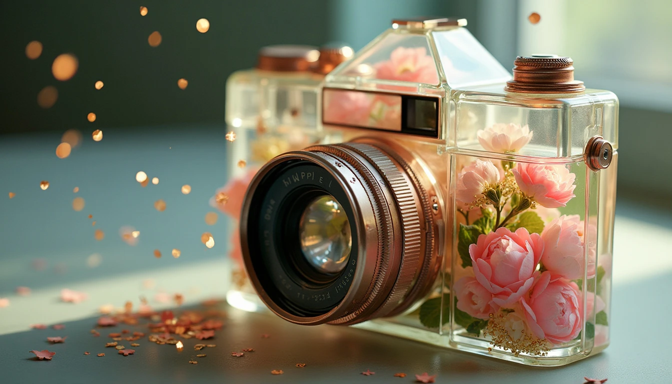 fanciful, translucent vintage camera with metallic... - FluxPro.art