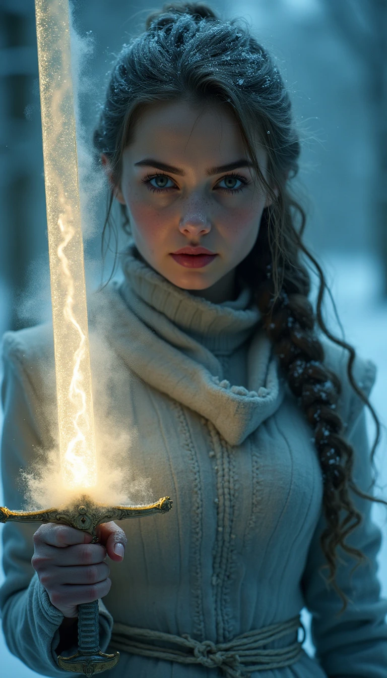 woman holding a magical sword glowing with a... - FluxPro.art
