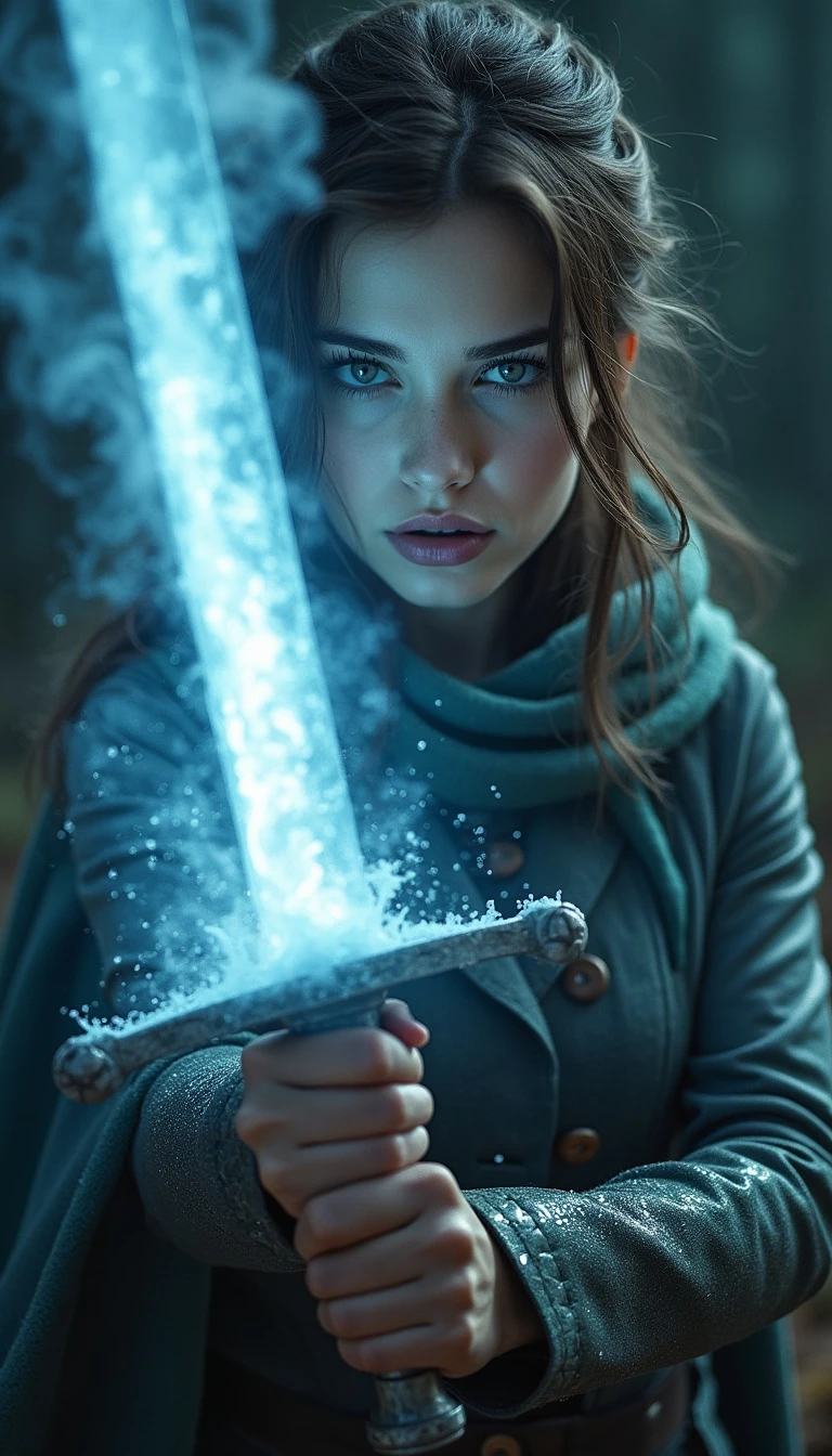 woman holding a magical sword glowing with a... - FluxPro.art