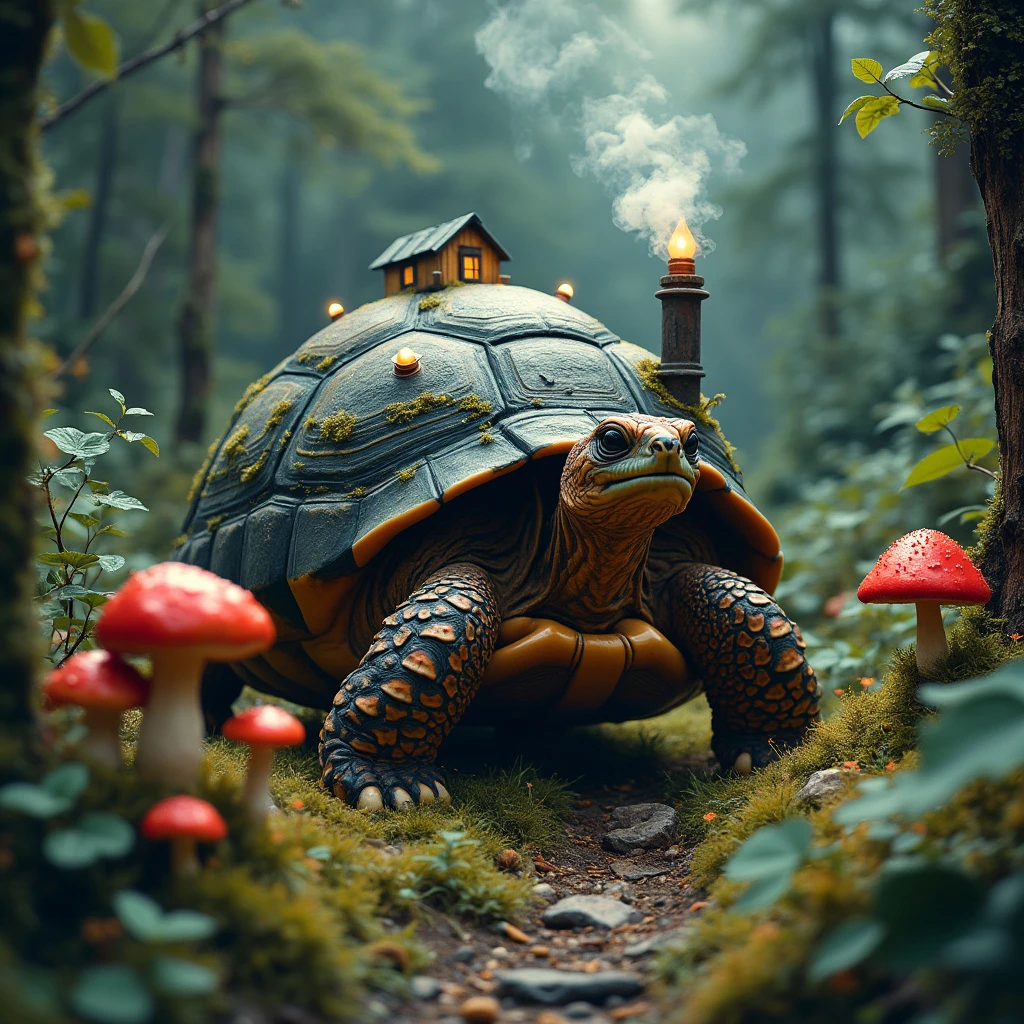 A turtle with a shack behind it with lights on and... - FluxPro.art