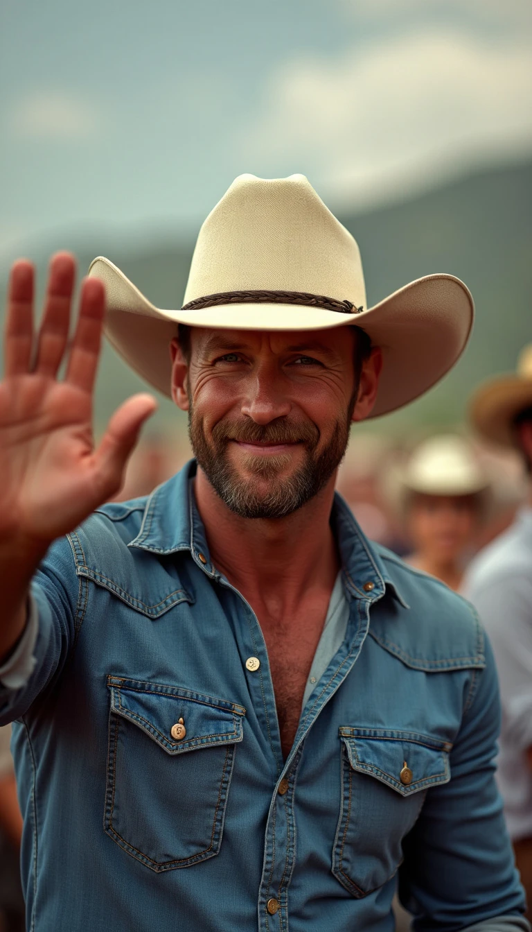 JASON STATHAM, WEARING A CREAM STETSON COWBOY... - FluxPro.art