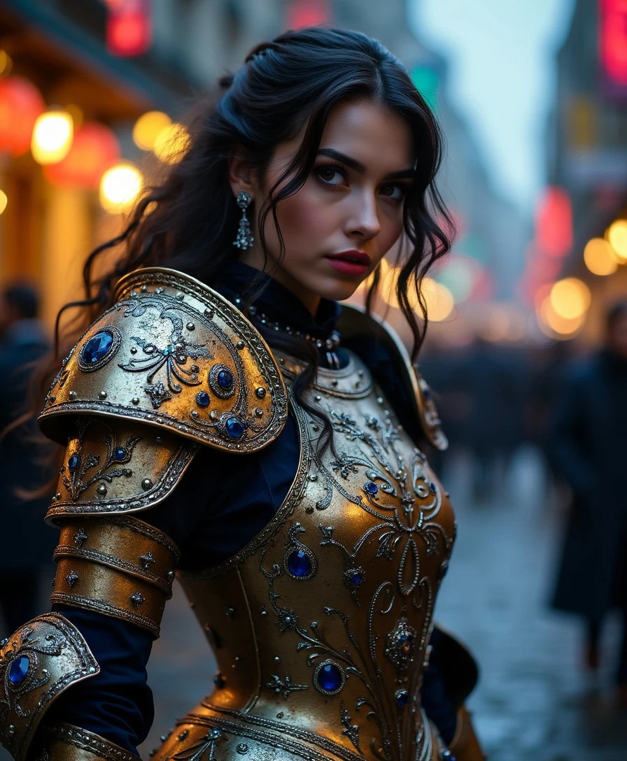 A woman in Victorian baroque plate armor holding... - FluxPro.art
