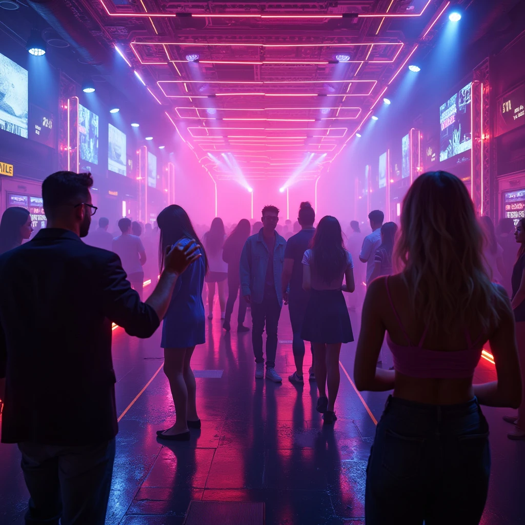 cyberpunk dance club, people dancing, neon... - FluxPro.art