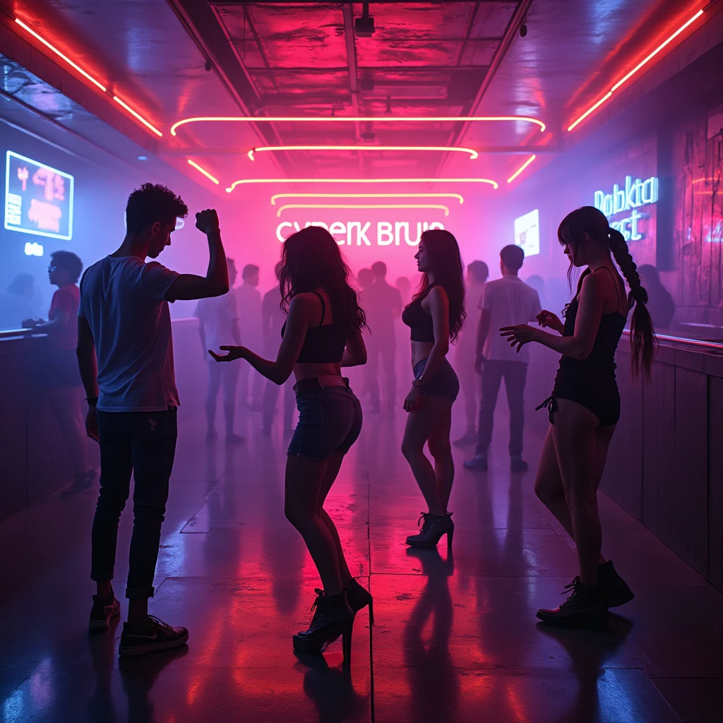 cyberpunk dance club, people dancing, neon... - FluxPro.art