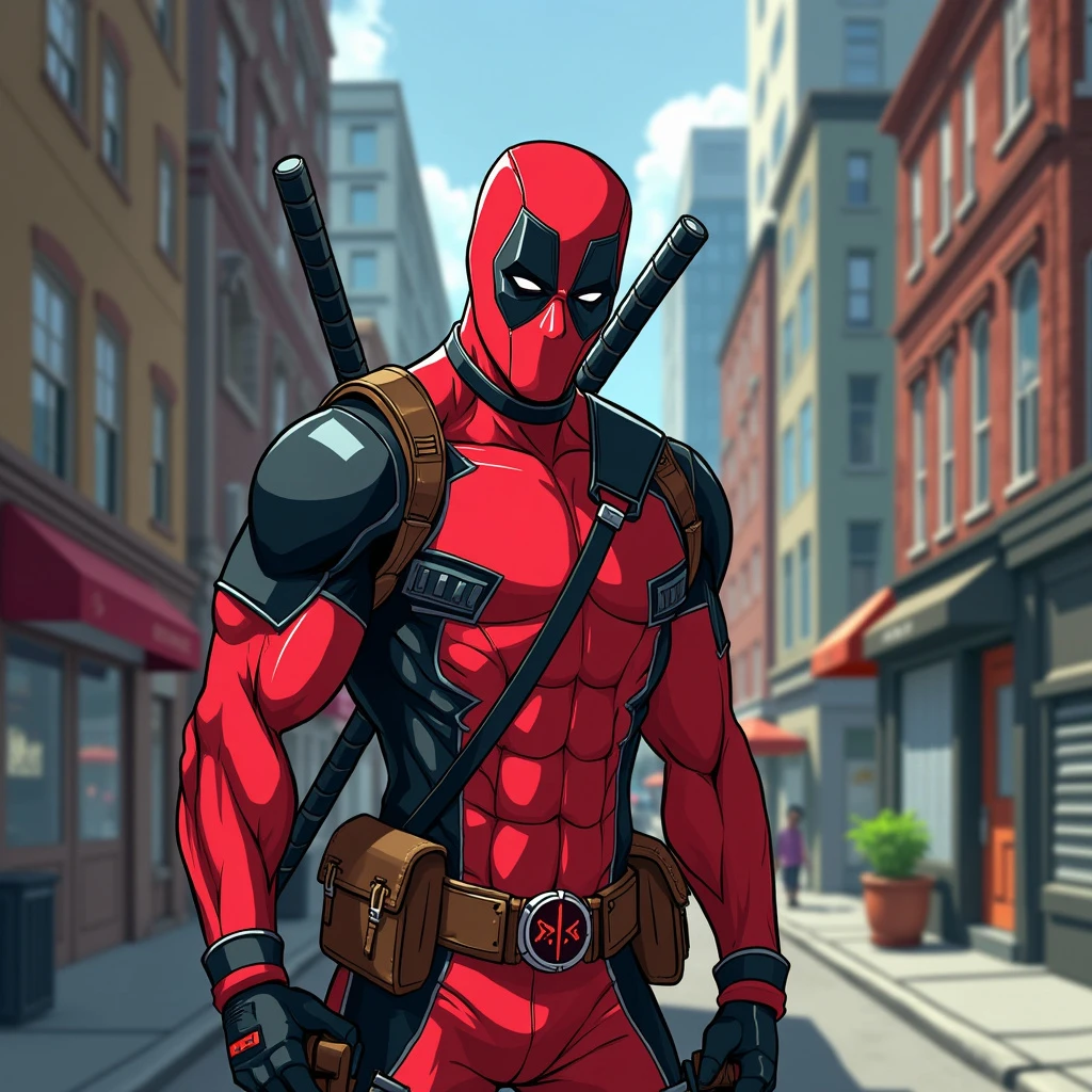 Deadpool in anime city 2d art style - FluxPro.art