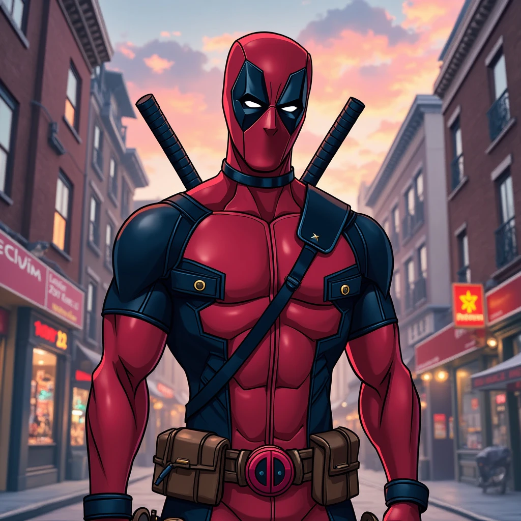 Deadpool in anime city 2d art style - FluxPro.art