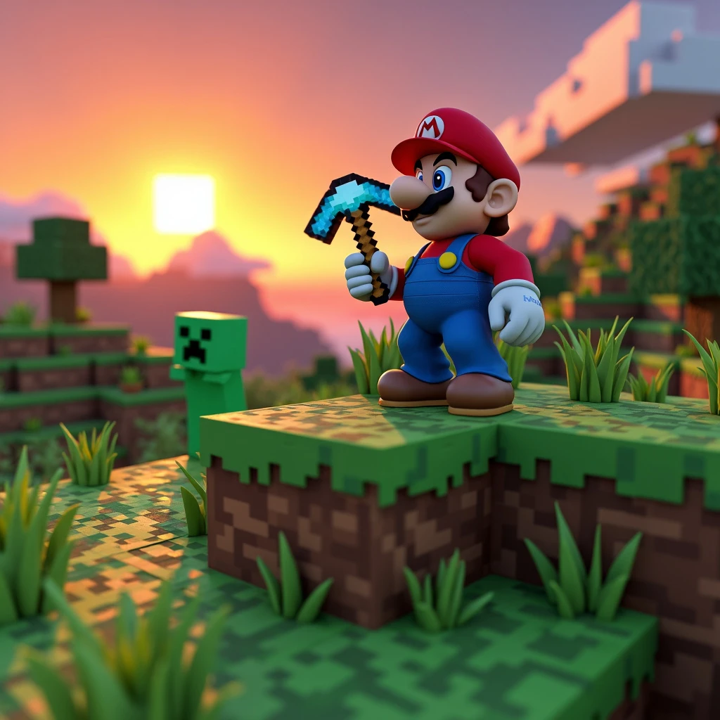 A 3D rendered scene of Mario in the Minecraft... - FluxPro.art