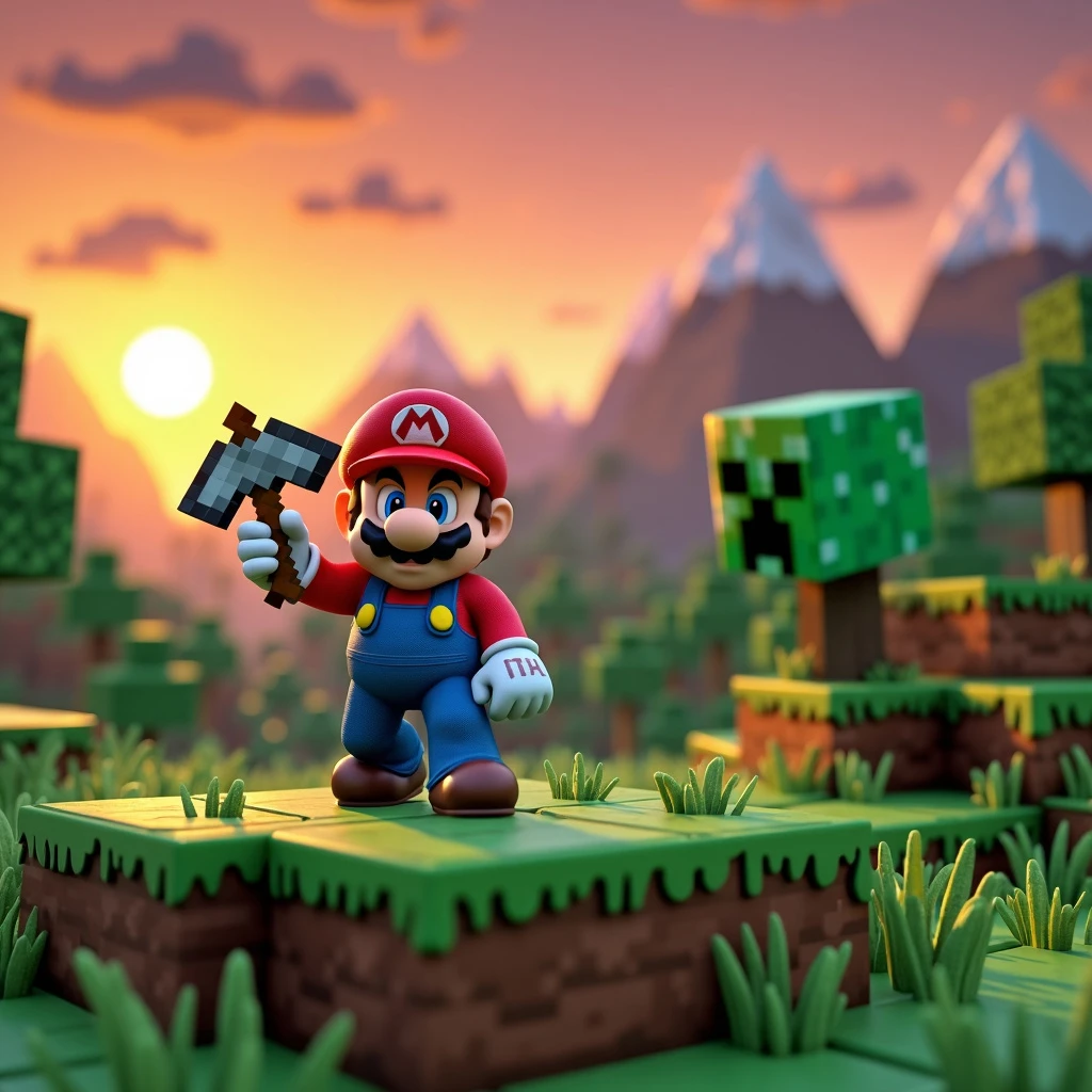 A 3D rendered scene of Mario in the Minecraft... - FluxPro.art