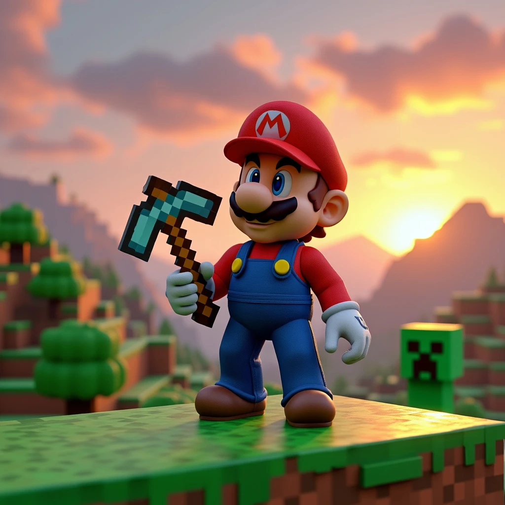 A 3D rendered scene of Mario in the Minecraft... - FluxPro.art