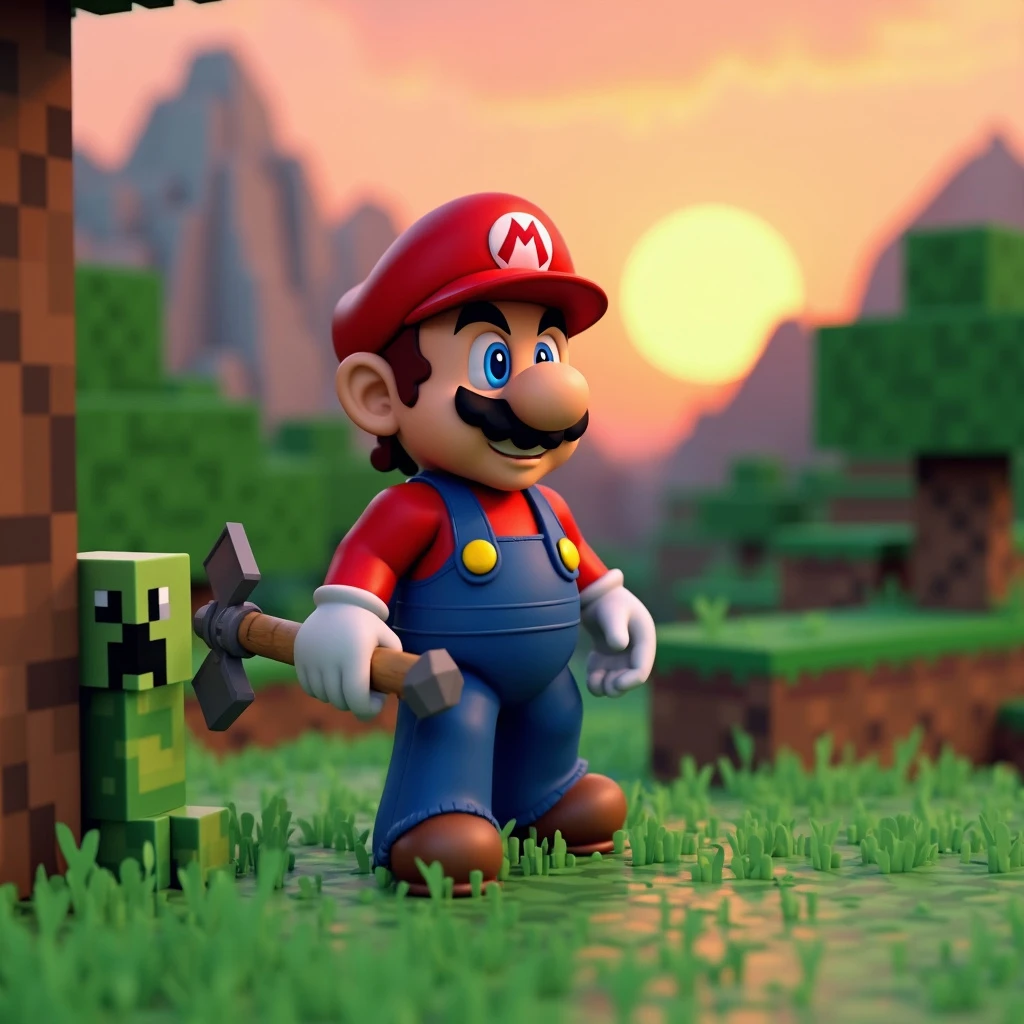 A 3D rendered scene of Mario in the Minecraft... - FluxPro.art