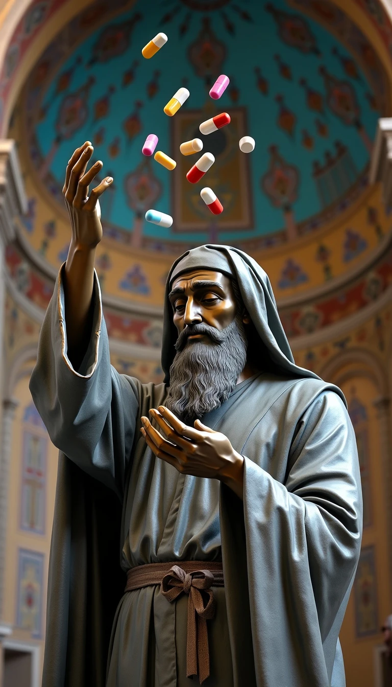 Closeup view o f bronze statue of Abu Bakr al-Razi... - FluxPro.art