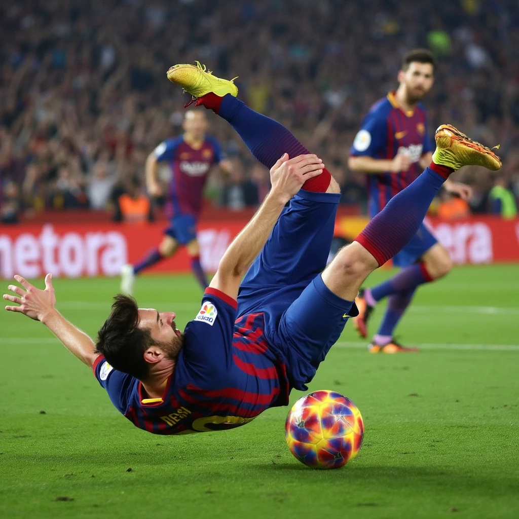 Lionel Messi falling during a goal celebration, by... - FluxPro.art