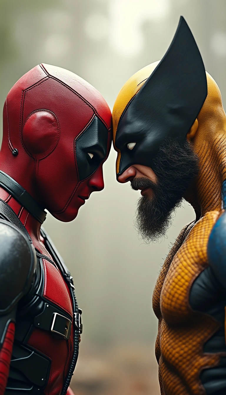 realistic deadpool and wolverine standing face to... - FluxPro.art