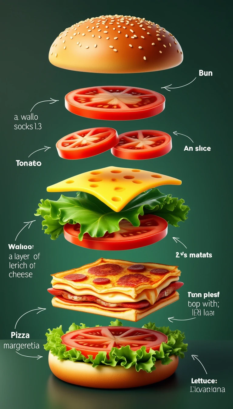 This image shows the layers of a burger arranged... - FluxPro.art