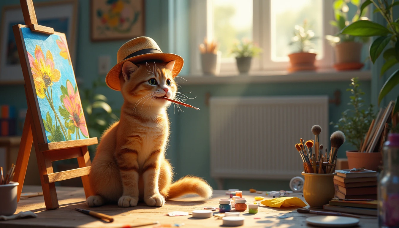 The image depicts a whimsical setting—an artist... - FluxPro.art