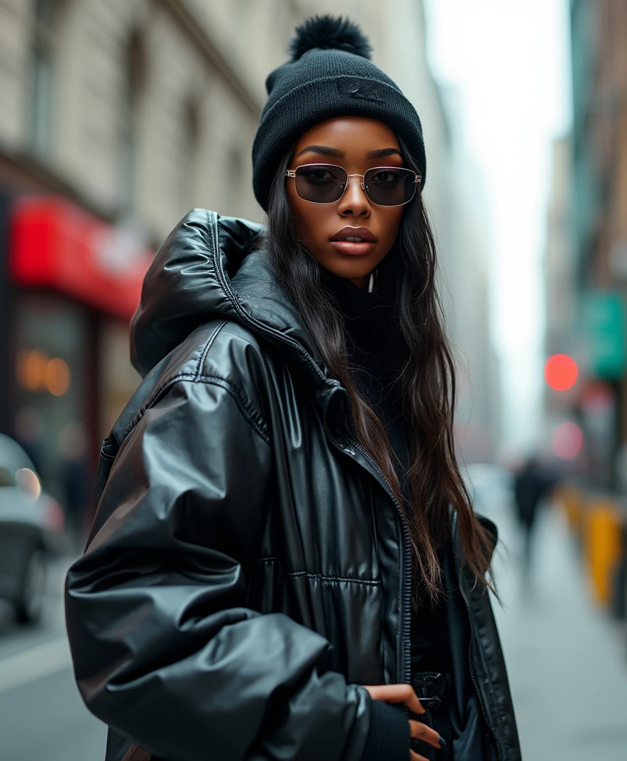 An IG_MODEL black woman posing downtown in urban... - FluxPro.art