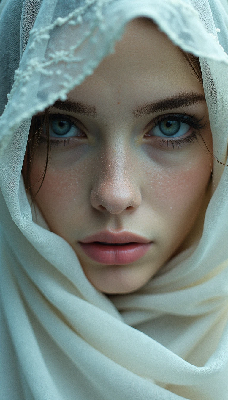 Textured portrait underneath white layered veils,... - FluxPro.art