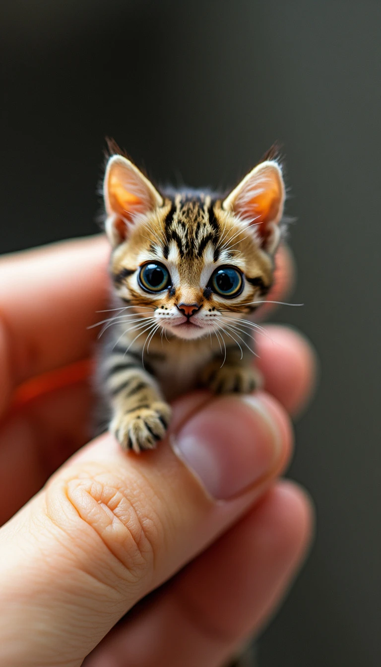 two fingers of a human hand hold a microscopic cat - FluxPro.art