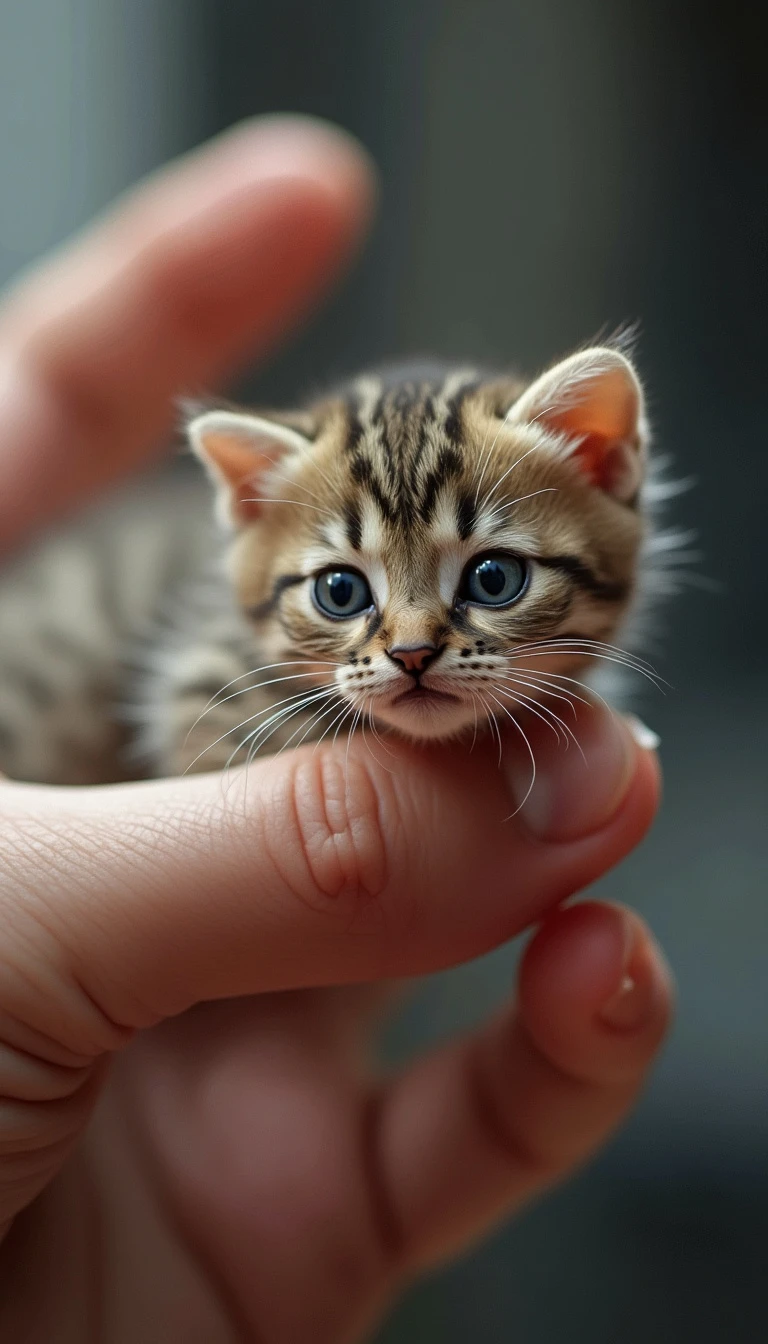 two fingers of a human hand hold a microscopic cat - FluxPro.art
