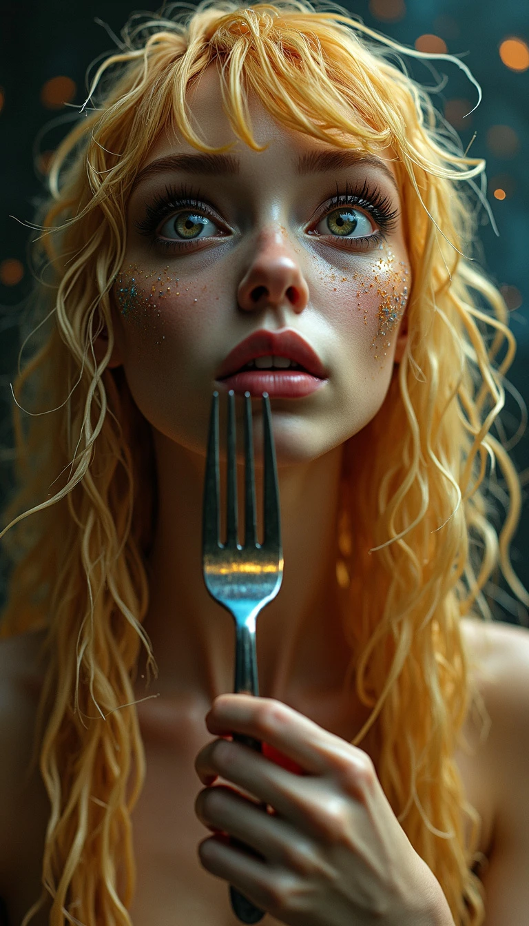 Strange female face with long macaroni hair... - FluxPro.art