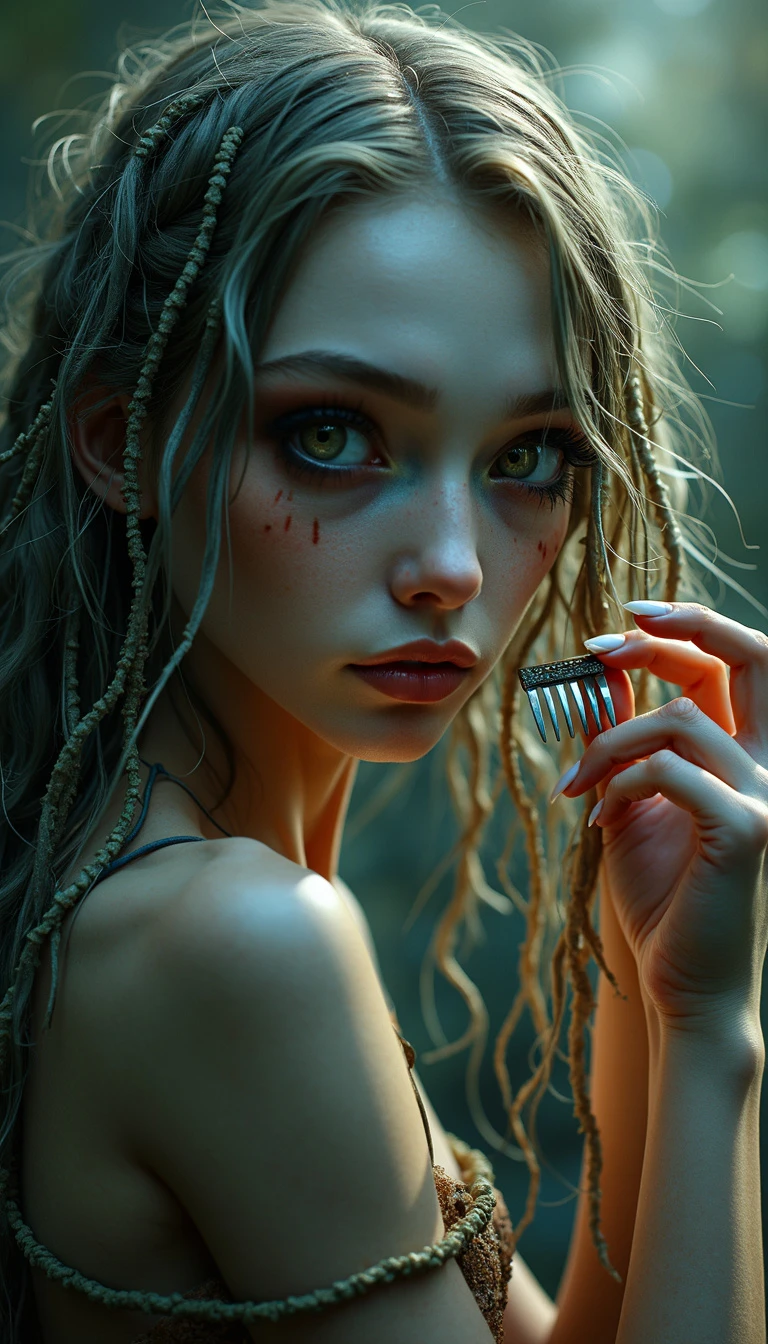 Strange female face with long macaroni hair... - FluxPro.art