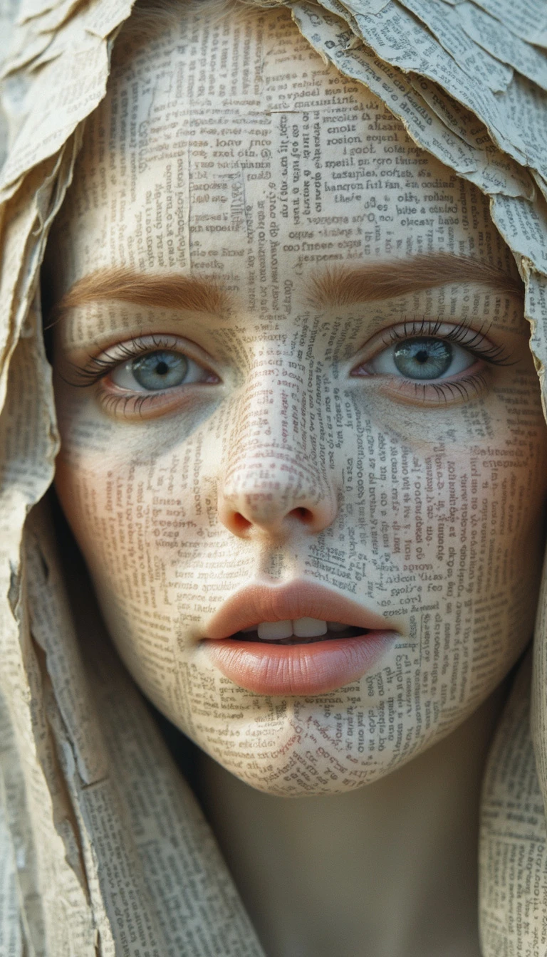 A close-up newspaper paper portrait of a woman... - FluxPro.art