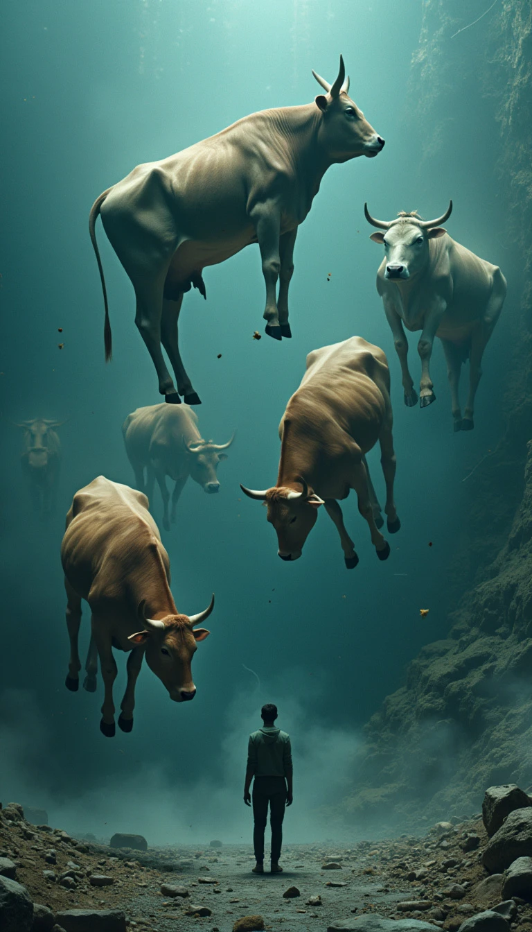 A surreal scene where several large, floating cow... - FluxPro.art