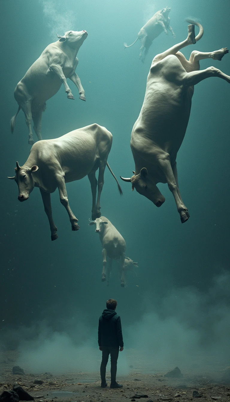 A surreal scene where several large, floating cow... - FluxPro.art
