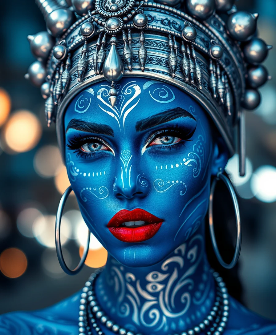 Real photo of a woman with glowing azure blue... - FluxPro.art