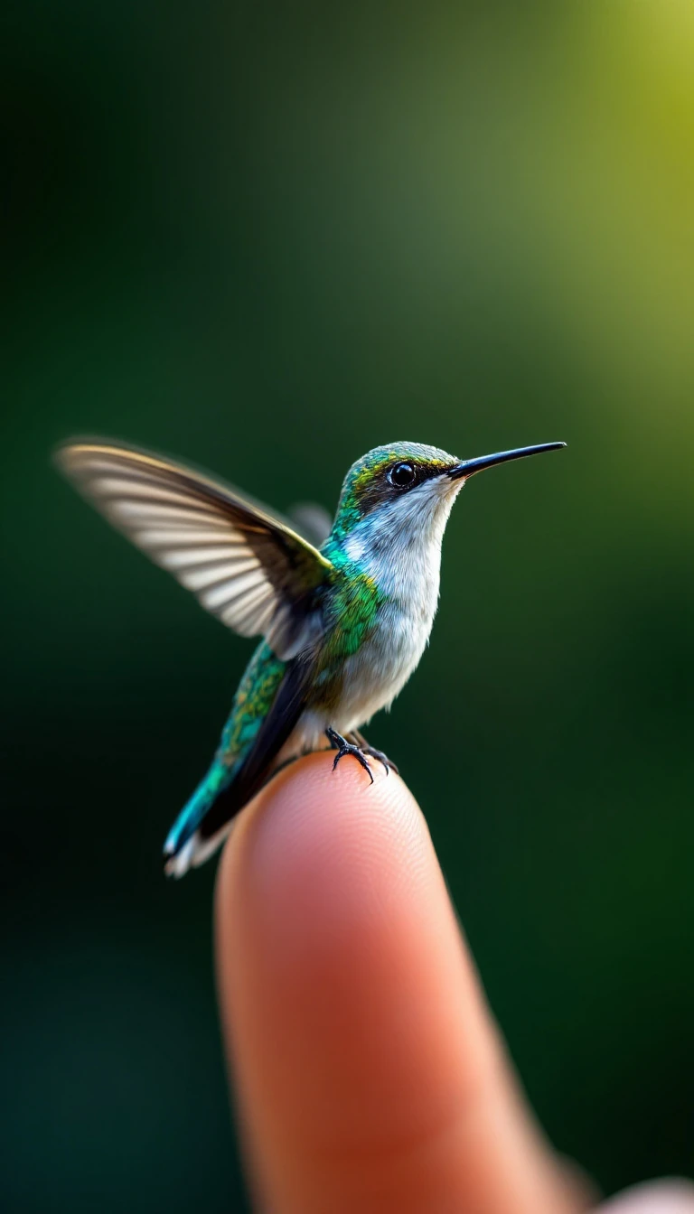 A tiny hummingbird perched on a human fingertip,... - FluxPro.art