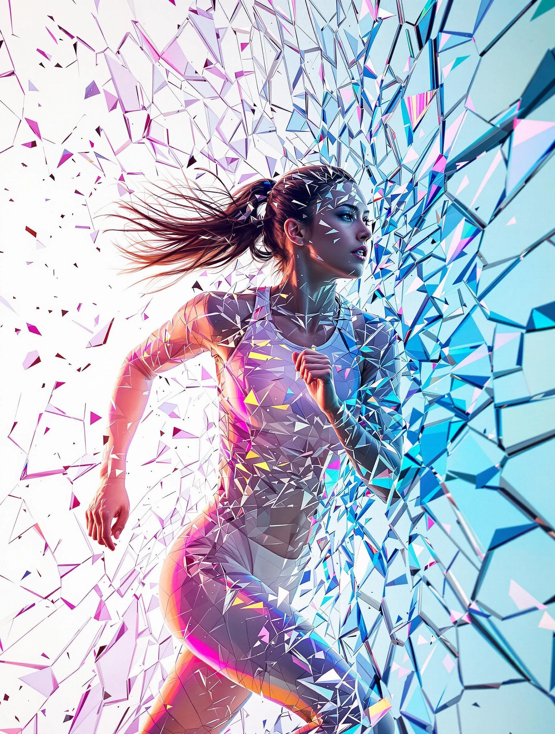 A female athlete in mid-sprint breaking through a... - FluxPro.art