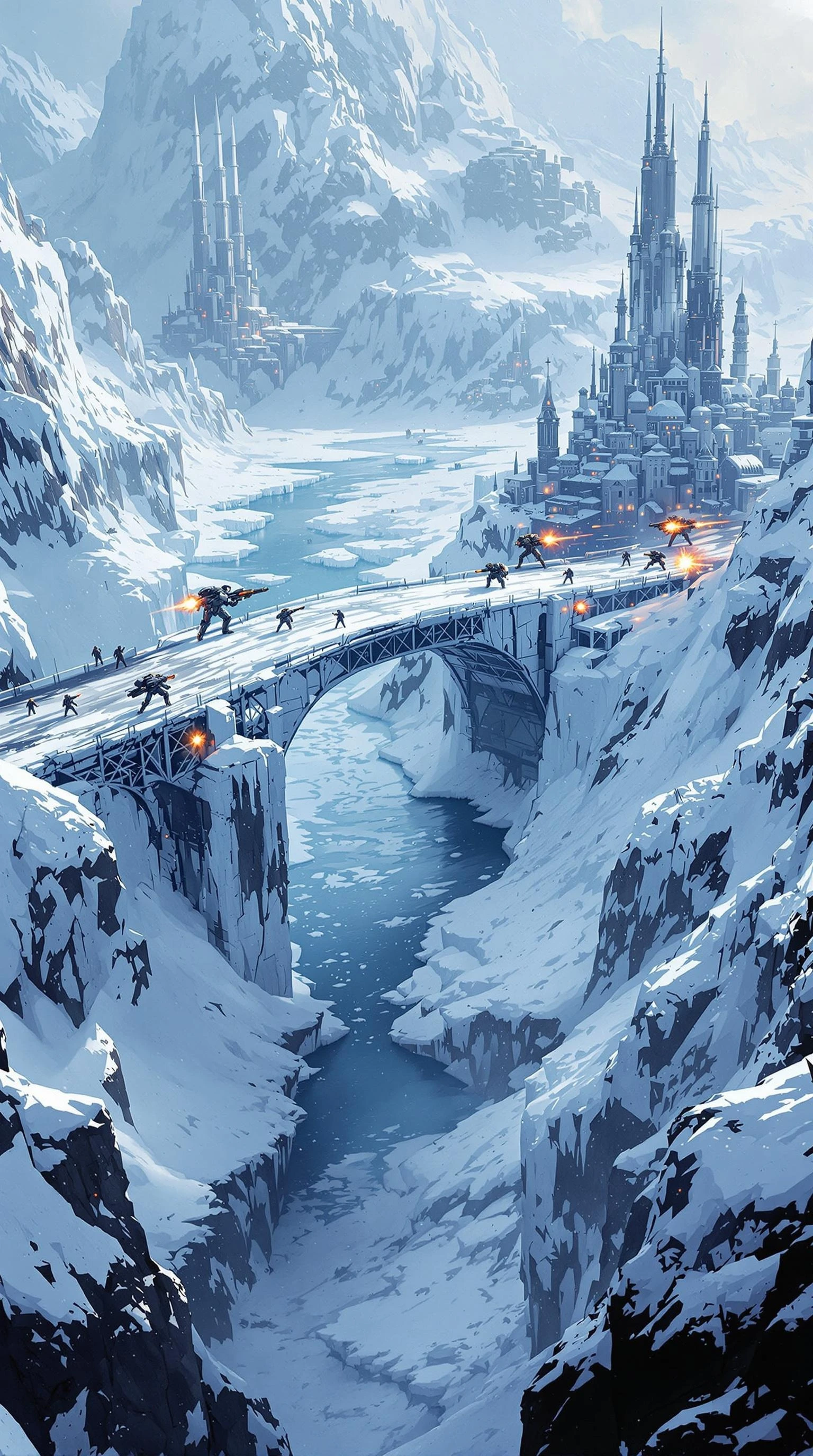snowy science fiction ice planet, ice bridge... - FluxPro.art