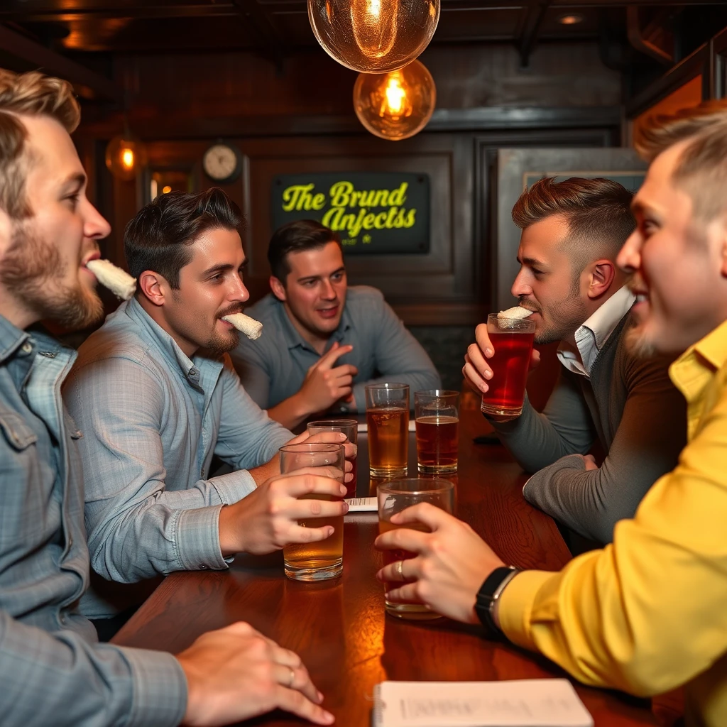 Group of handsome men at a bar having a burping... - FluxPro.art