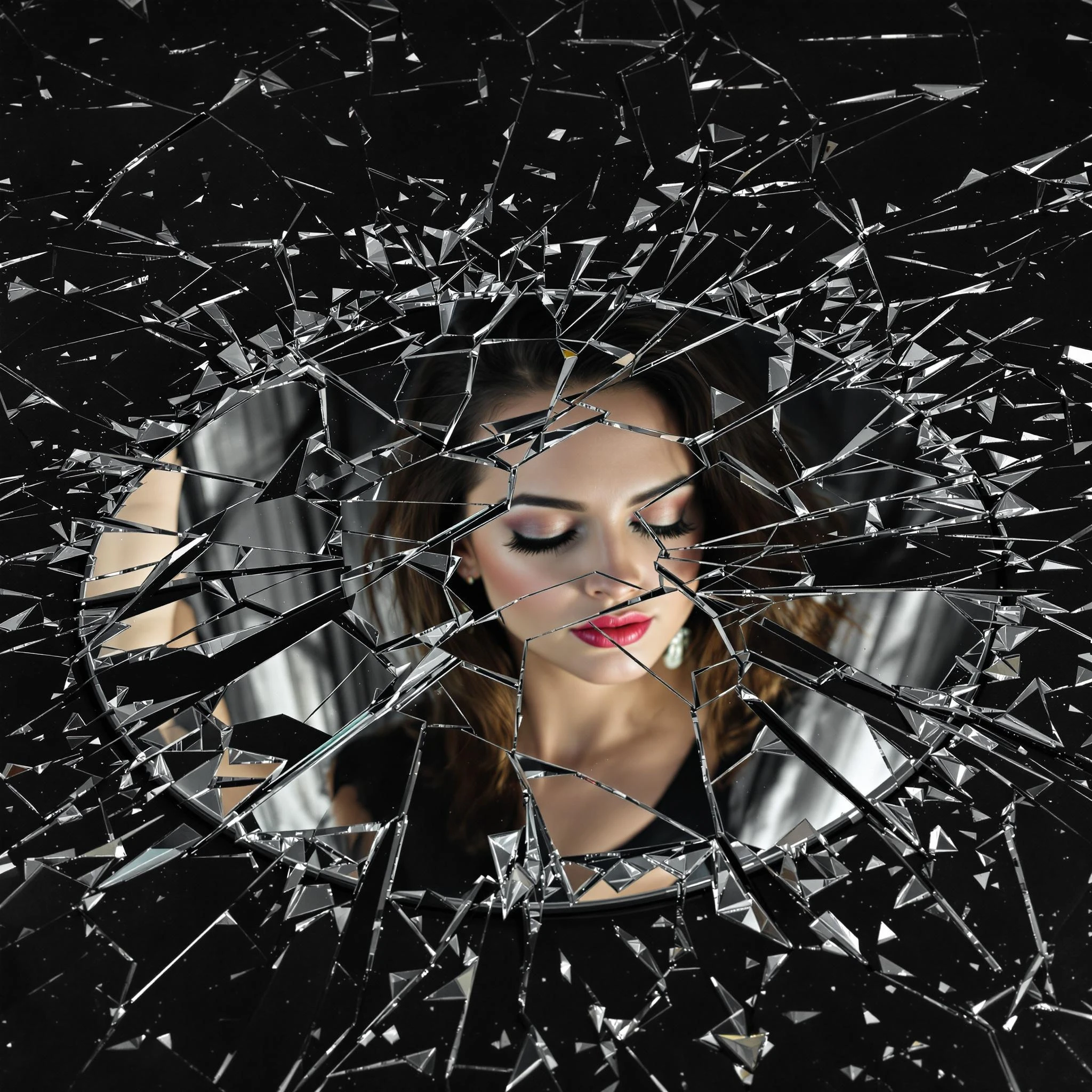 shattered mirror on a black floor with refections... - FluxPro.art