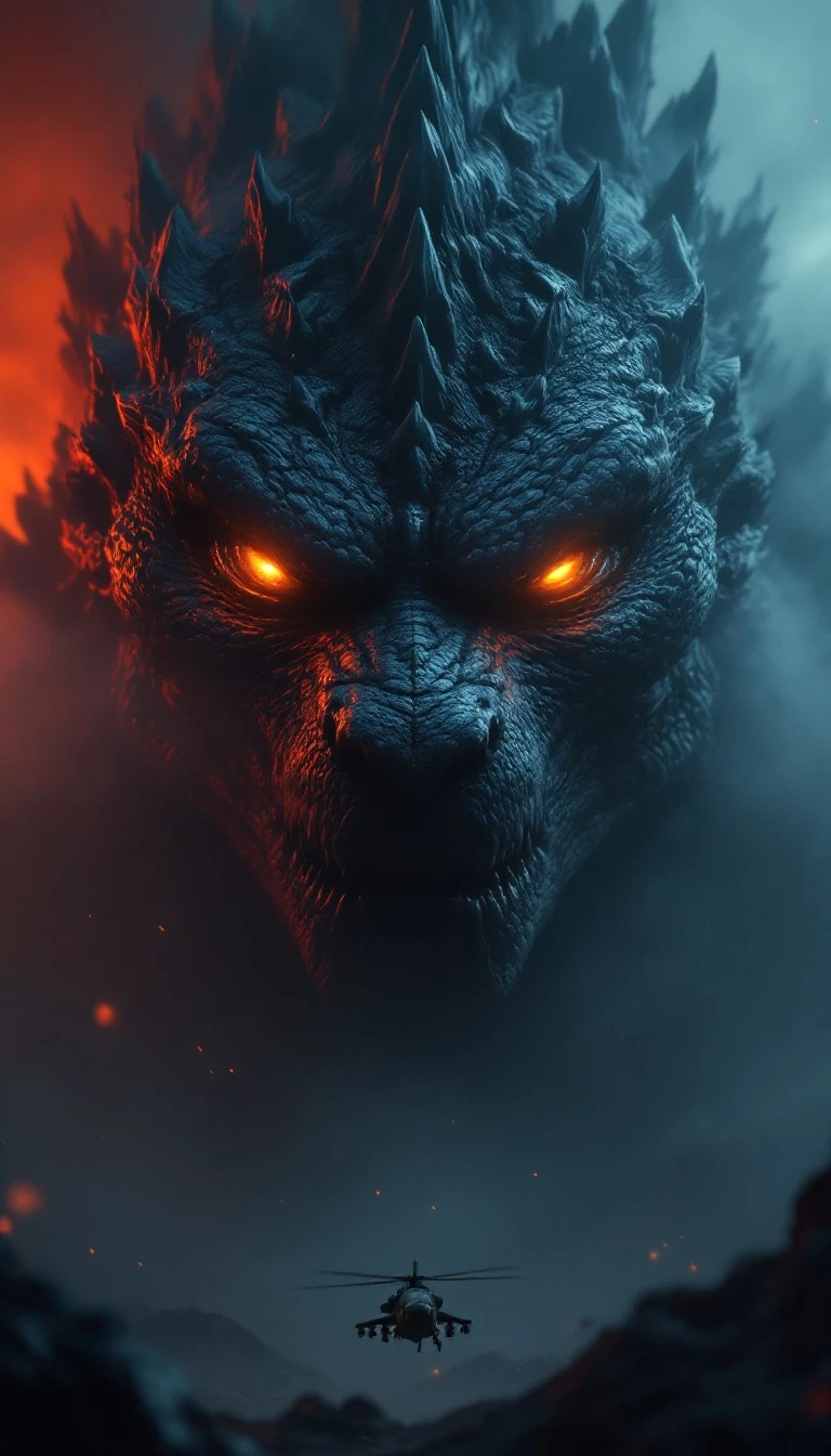 A massive Godzilla's face dominates the entire... - FluxPro.art