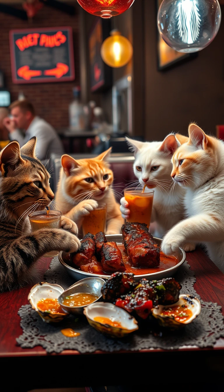 4 cats eating barbecue, drinking and grilled... - FluxPro.art