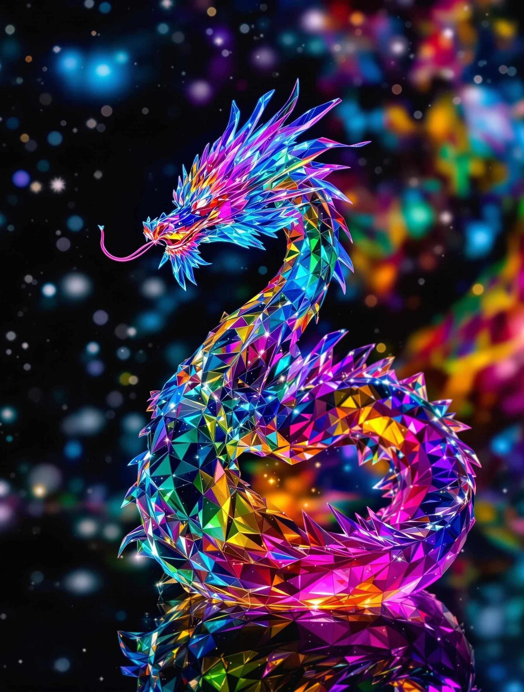 Dragon made of glass in front of a coloured dark... - FluxPro.art