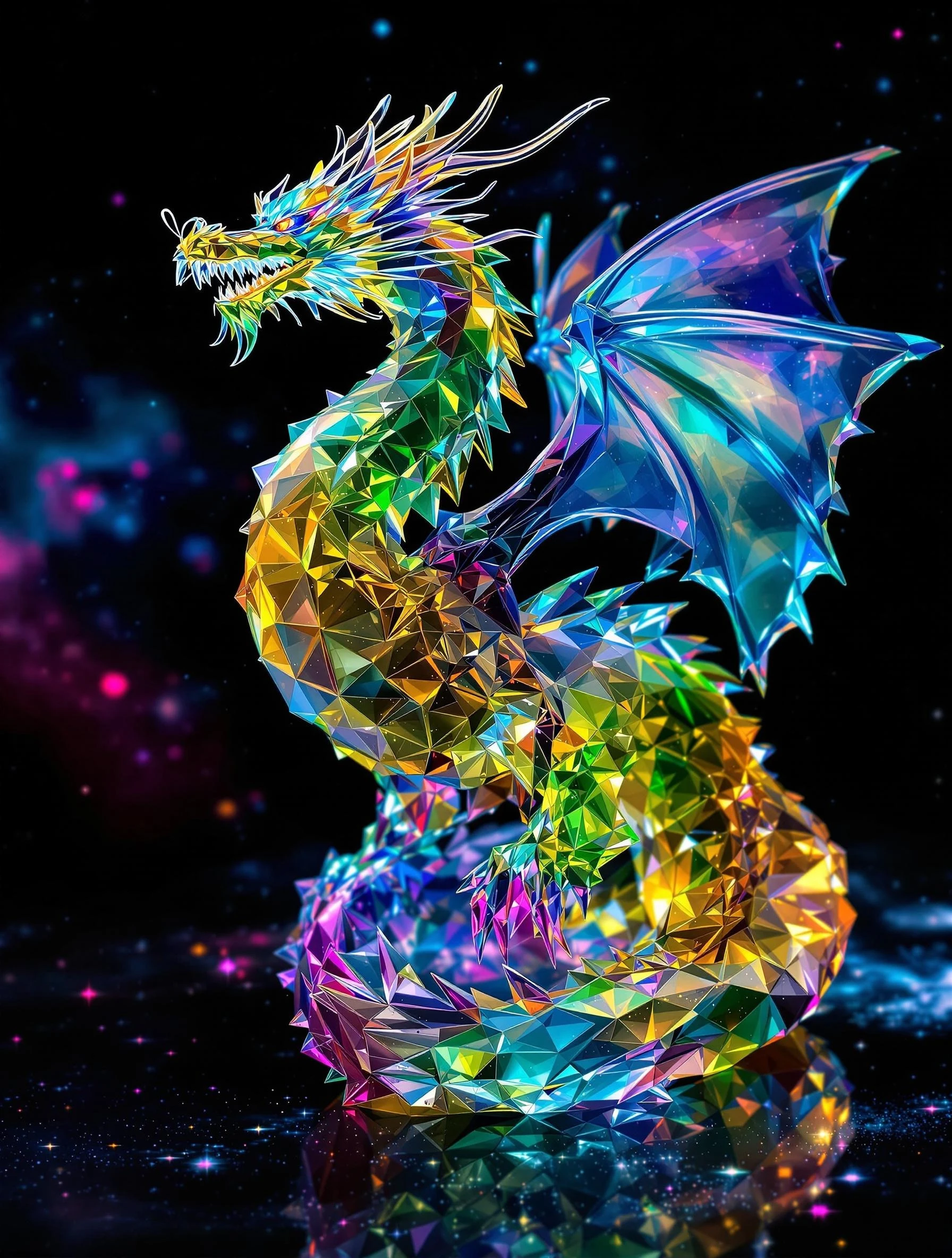 Dragon made of glass in front of a coloured dark... - FluxPro.art