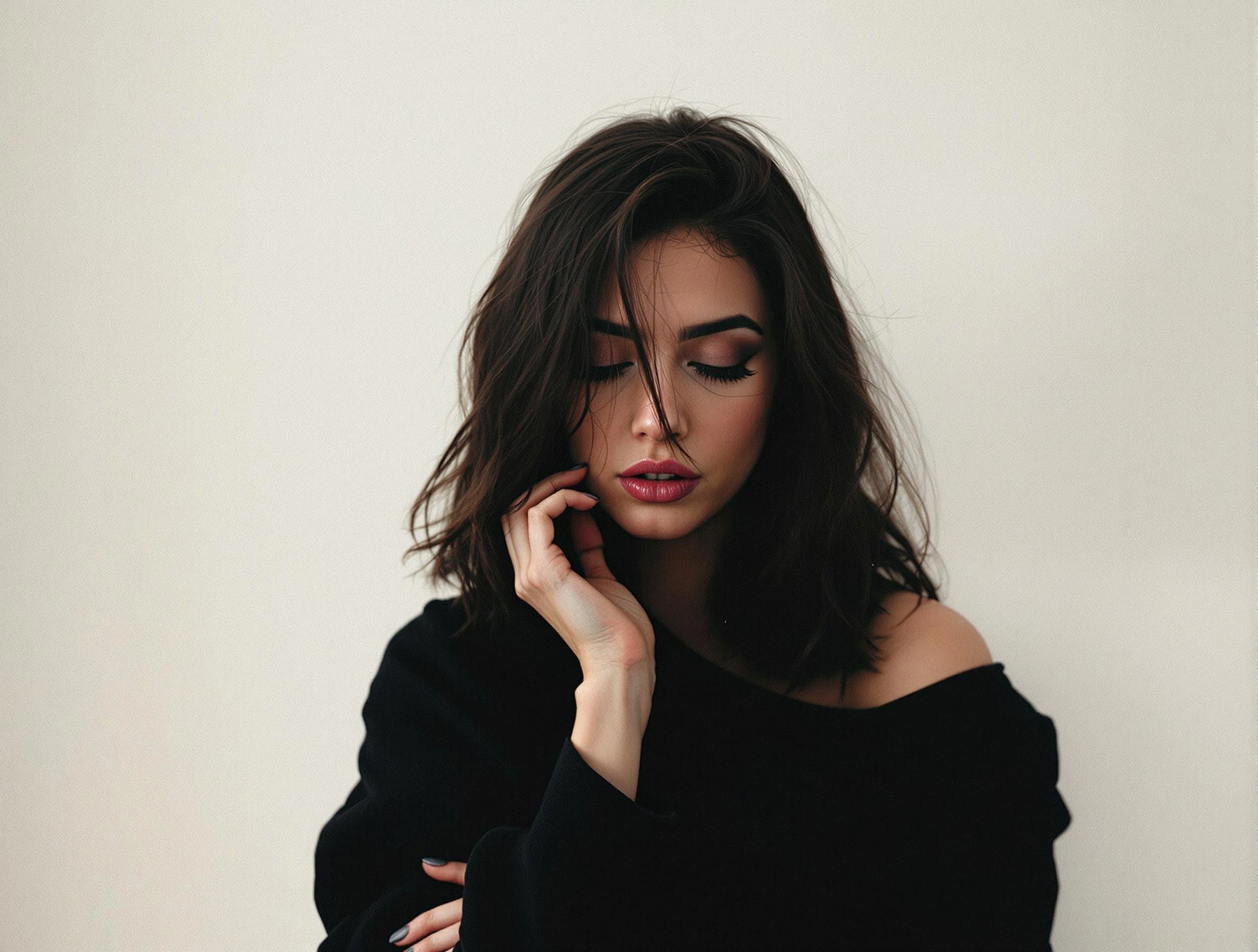 soft feature woman, beautiful, black cloths,... - FluxPro.art