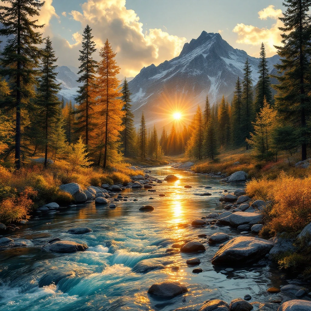 A tranquil mountain stream at sunset. Crystal... - FluxPro.art