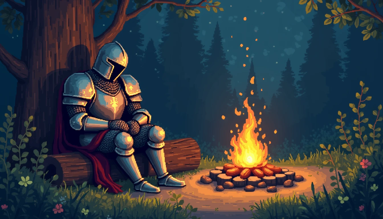 8 bit pixelated knight resting next to campfire... - FluxPro.art