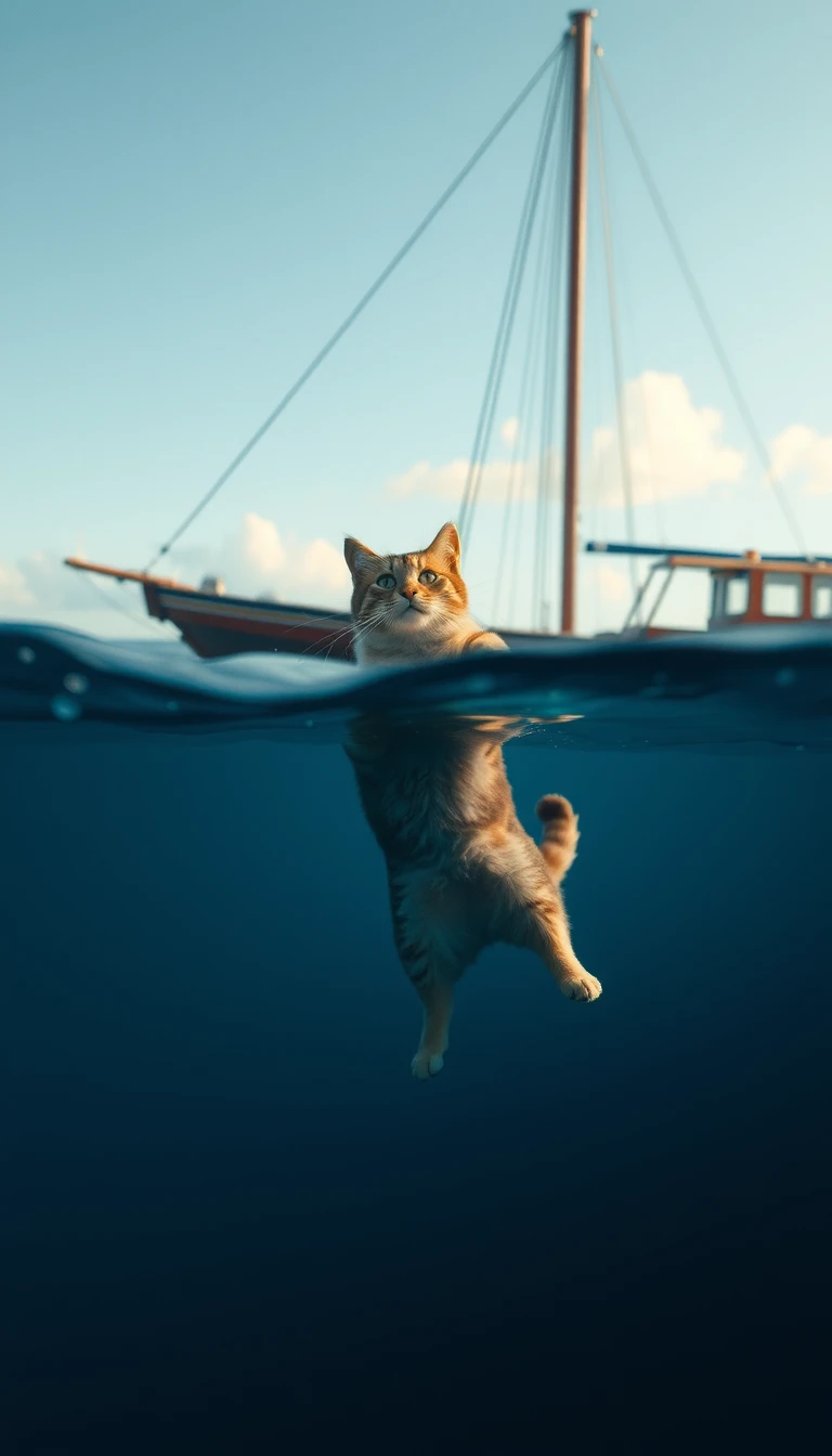 A cat falls from a ship into the sea A cat looking... - FluxPro.art