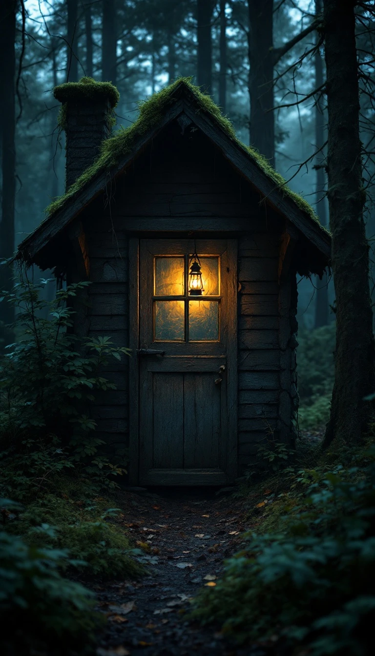 A small, weathered shack hidden deep in the woods.... - FluxPro.art