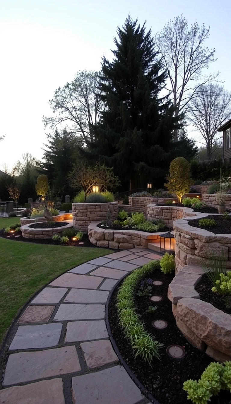 Large Garden with stone pathway and raised stone... - FluxPro.art