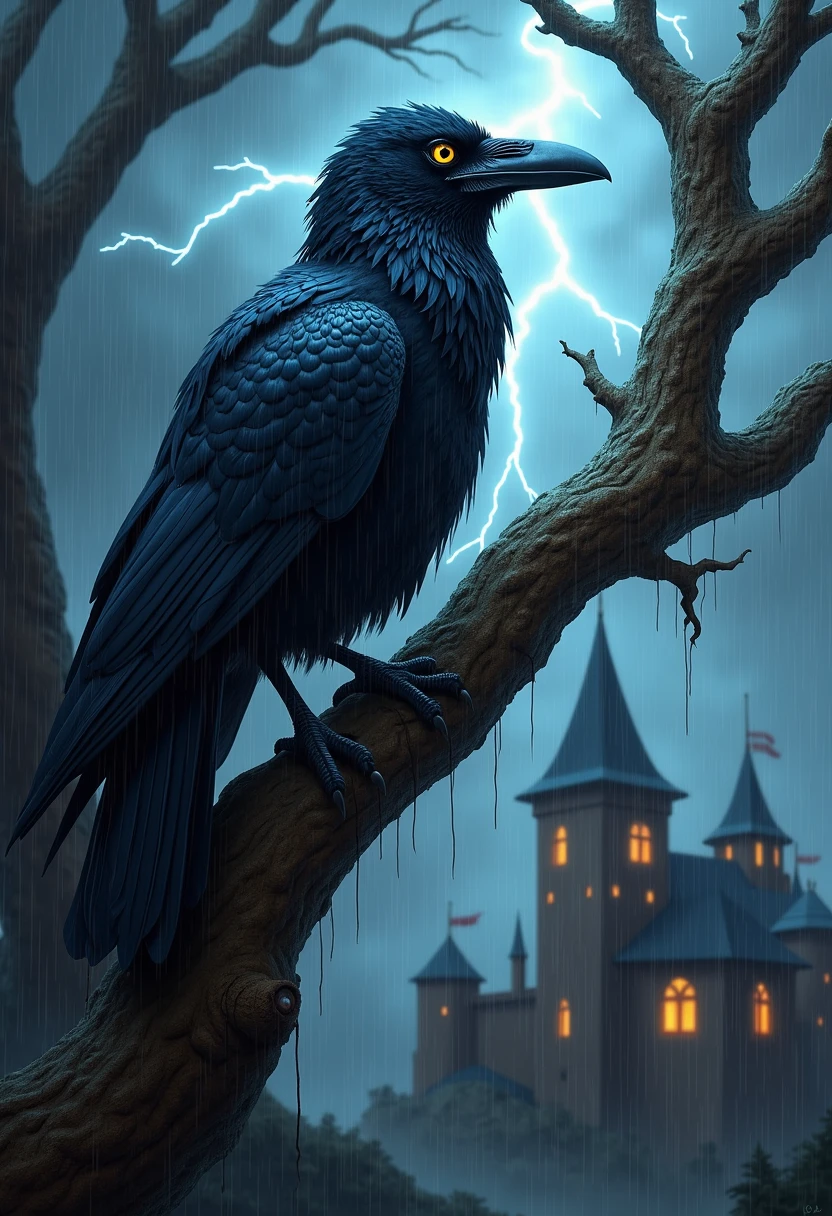A majestic royal Raven perched atop a gnarled,... - FluxPro.art