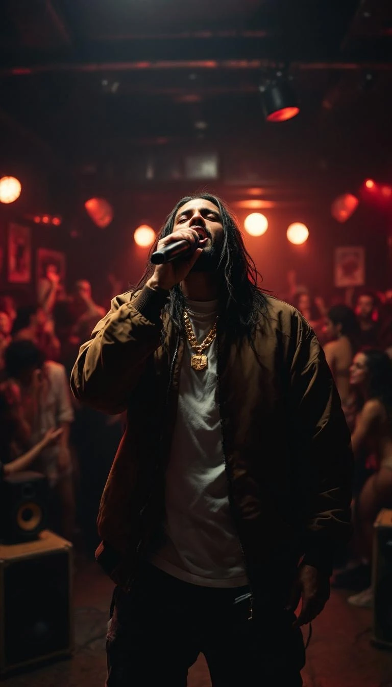 A 25-year-old male rapper with long dark hair... - FluxPro.art